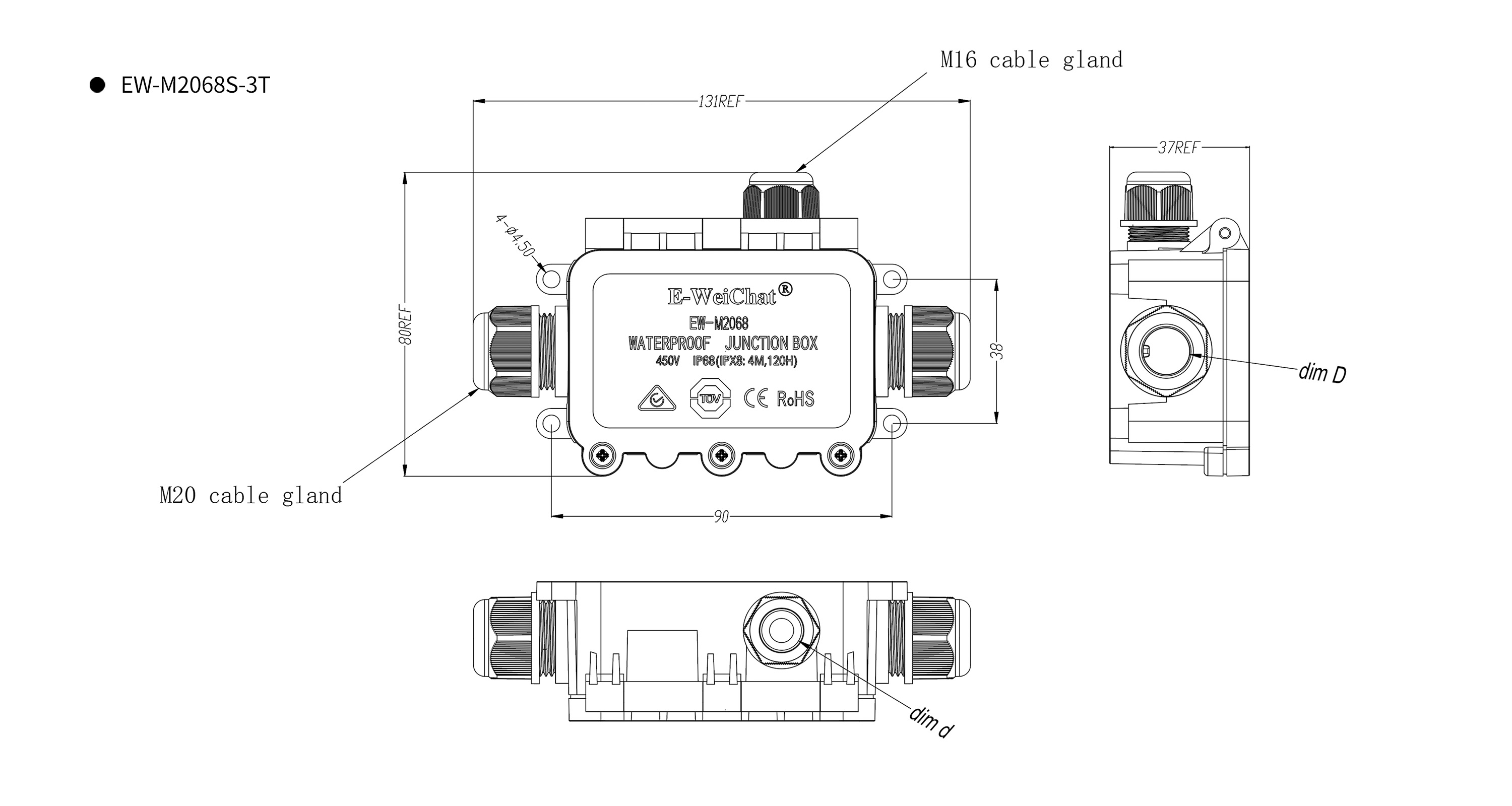 3 Way Plug Line Plastic External Junction Box 2068S-3T Straight Through ...